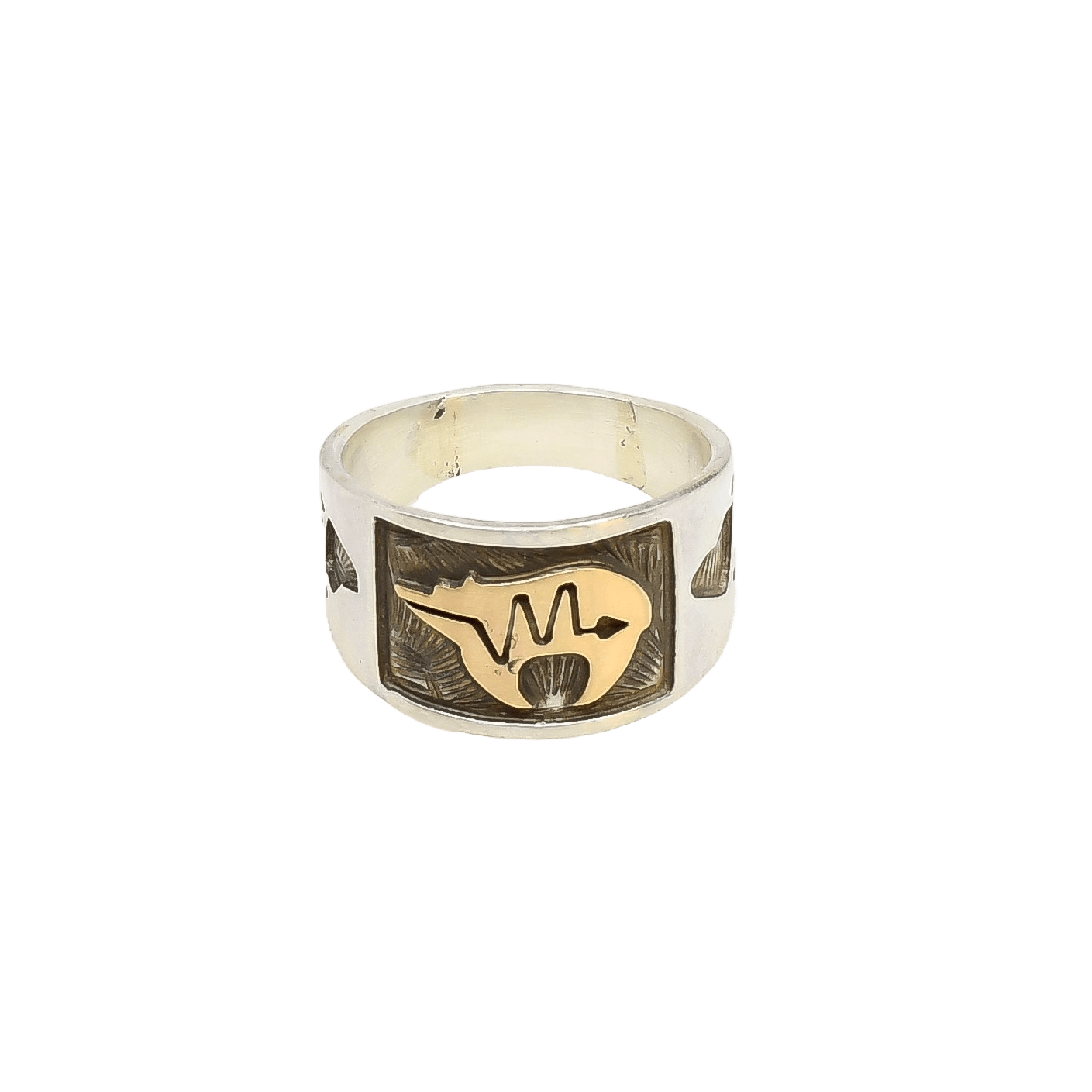 Arland Ben Ring of Silver and 14k Gold Overlay Bear – Turquoise & Tufa