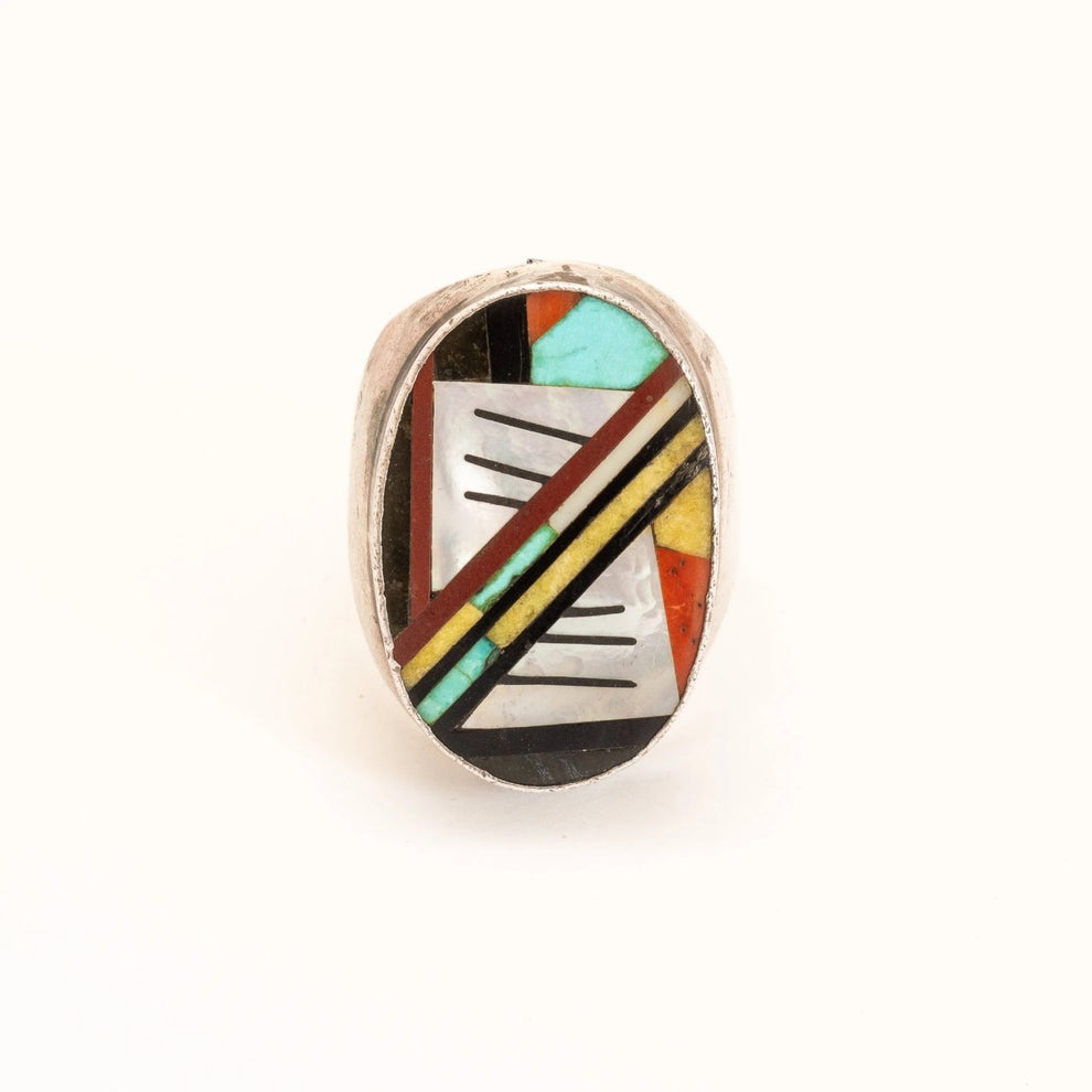 Large Vintage Zuni Inlay Mens Ring Of Multi-Stone Mosaic Inlay ...