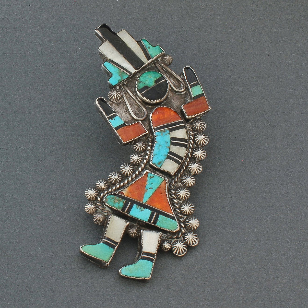 Large Zuni Rainbow Man Pin of Inlay Circa 1945 – Turquoise & Tufa