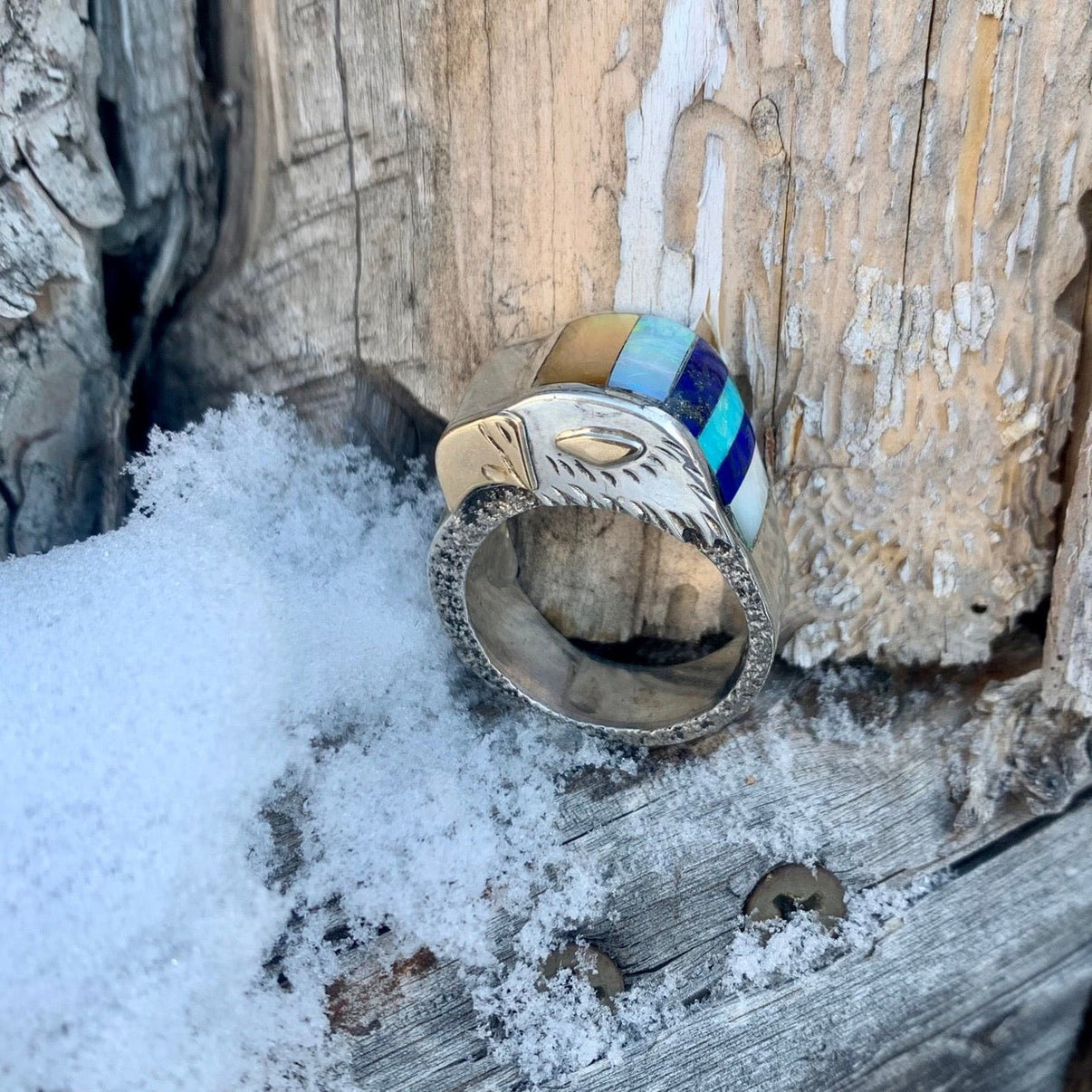 Michael Little Elk Ring of Inlay Eagle – Turquoise & Tufa