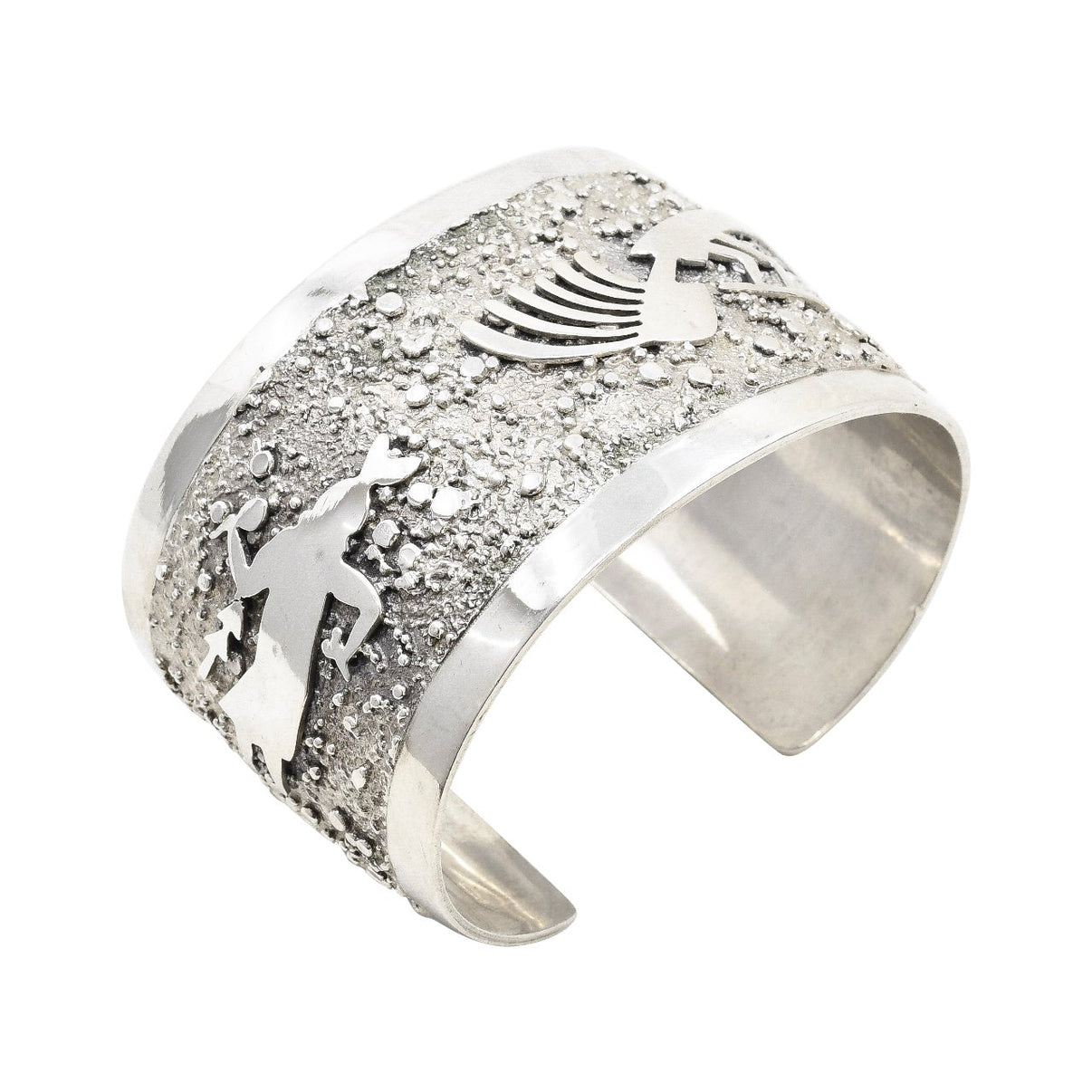Richard Begay Silver Cuff With Navajo Figures – Turquoise & Tufa