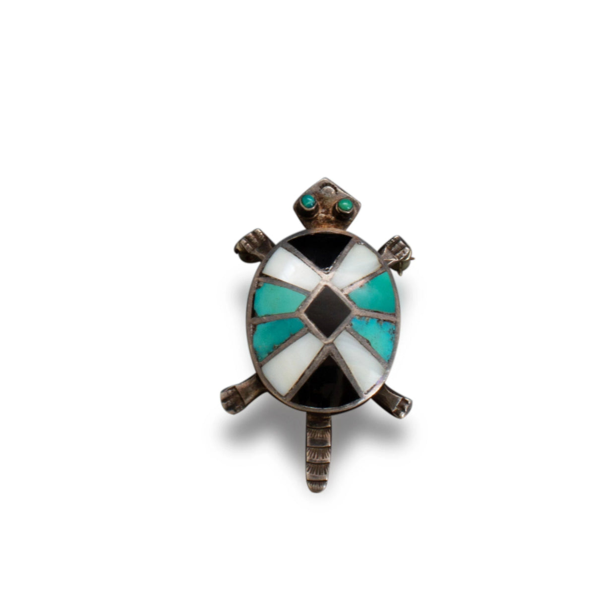 Vintage Zuni Channel Inlay Turtle Brooch – Turquoise & Tufa